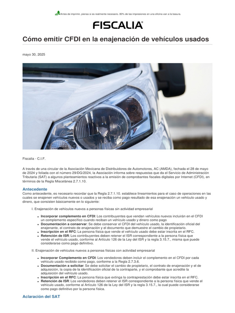 Emisión de CFDI para vehículos usados | PDF