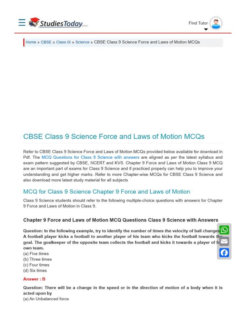 WWW Studiestoday Com MCQ Physics Cbse Class 9 Physics Force and Laws ...