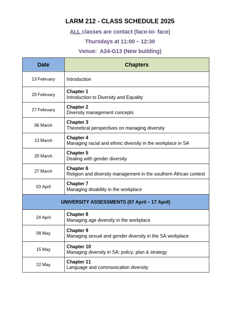 Larm212 Class Schedule 2025 - Vaal Campus | PDF