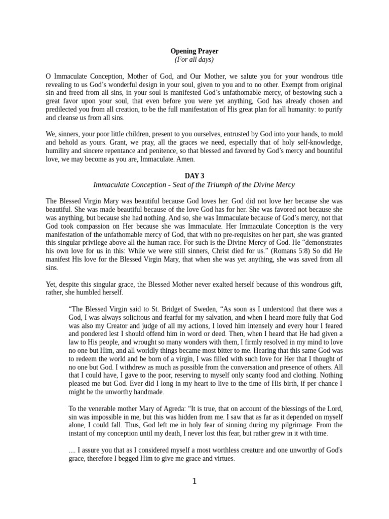 Immaculate Conception Prayer Guide | PDF | Mercy | Mary, Mother Of Jesus