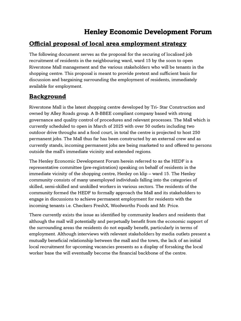 Henley Economic Development Forum Proposal | PDF | Corporate Social ...