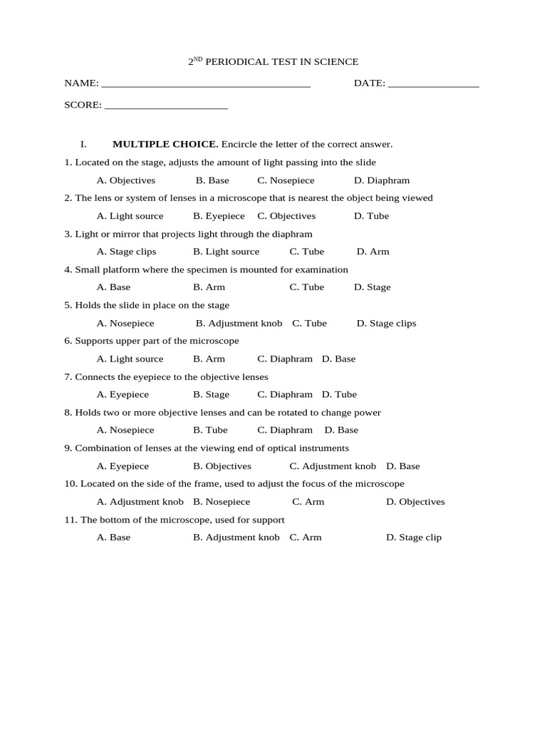 2nd Periodical Science Test Guide | PDF | Microscope | Glass ...