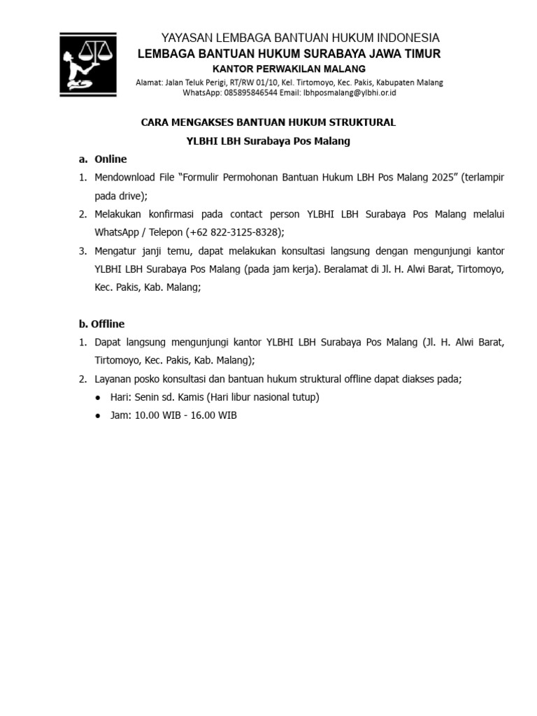 Instruksi Akses Bantuan Hukum Struktural - LBH Surabaya Pos Malang | PDF