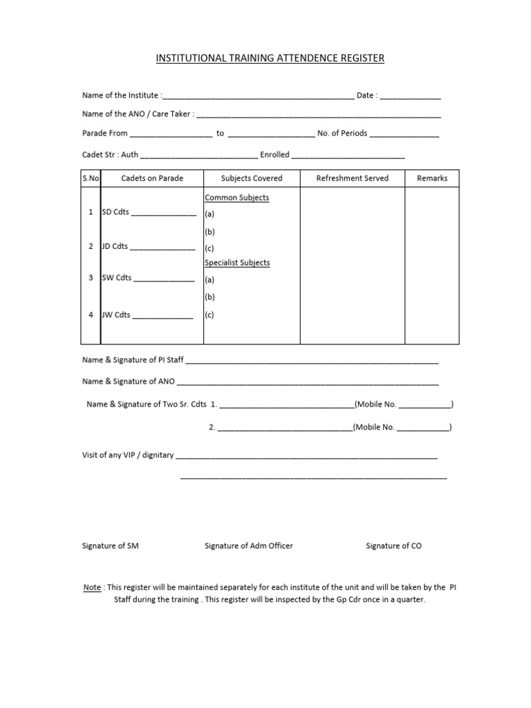 Cadet Training Attendance Register | PDF