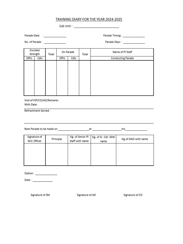 NCC Training Diary 2024-25 | PDF