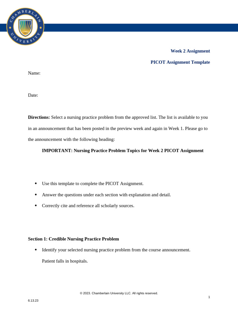 NR439 W2 PICOT Assignment Template v2 | PDF | Nursing | Patient