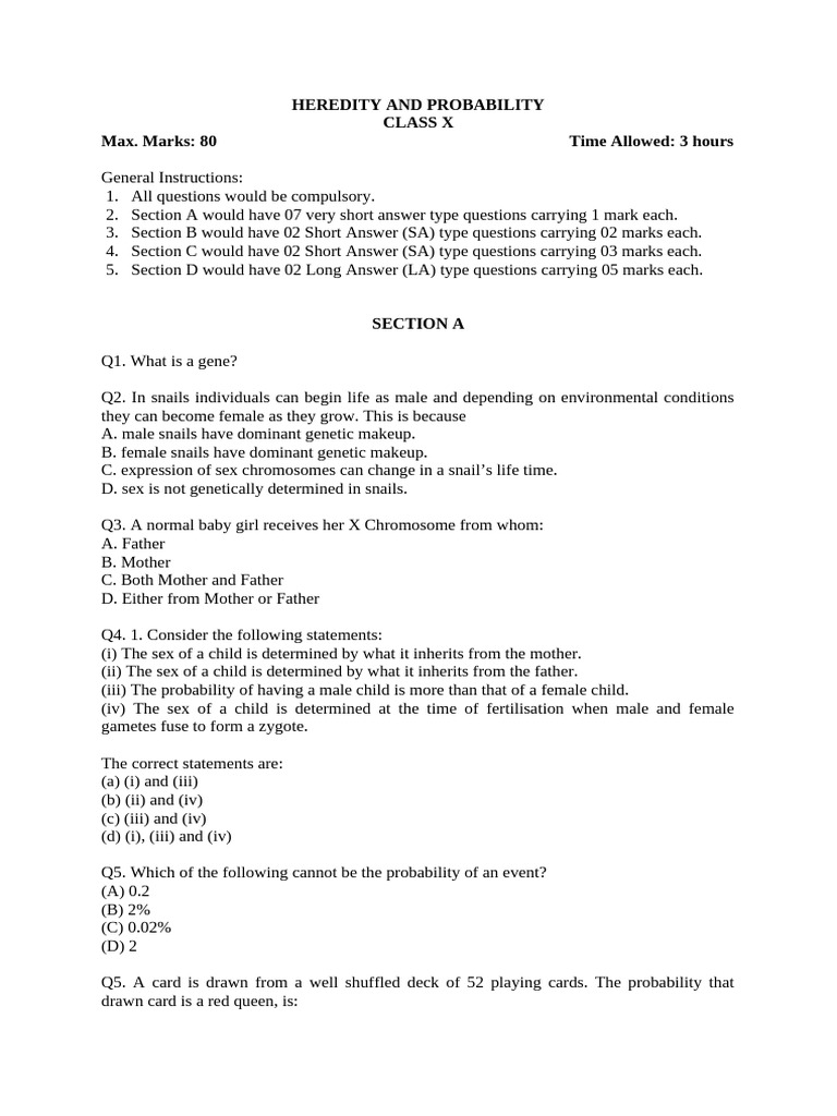 Test Class 10 HEREDITY AND PROBABILITY | PDF | Genotype | Genetics