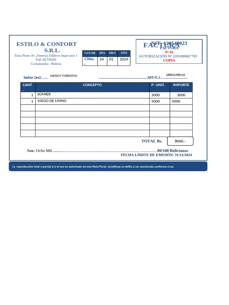 FACTURAS VENTAS - ESTILO Y CONFORT Borrador | PDF | Bolivia