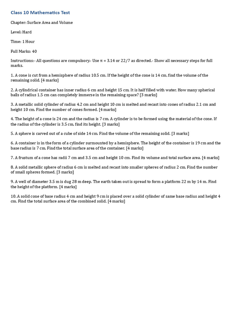 Hard Surface Area and Volume Test Class 10.docx 20250528 162846 0000 | PDF