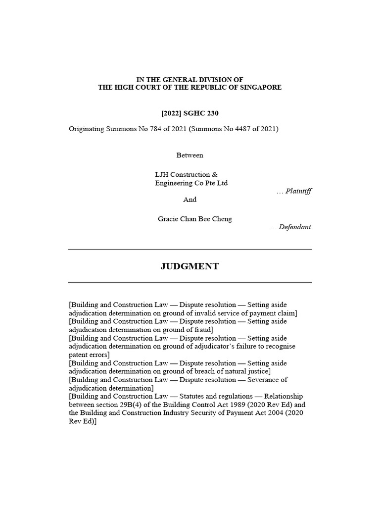 2022 - (SOPA - Fraud N Natural Justice) LJH V Gracie (2022) SGHC 230 ...