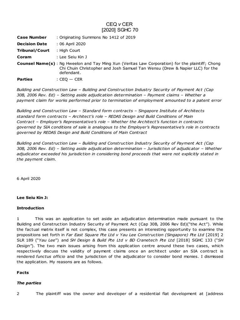 2020 - (Sopa-Termination) Ceq V Cer (2020) SGHC 70 | PDF | Adjudication ...