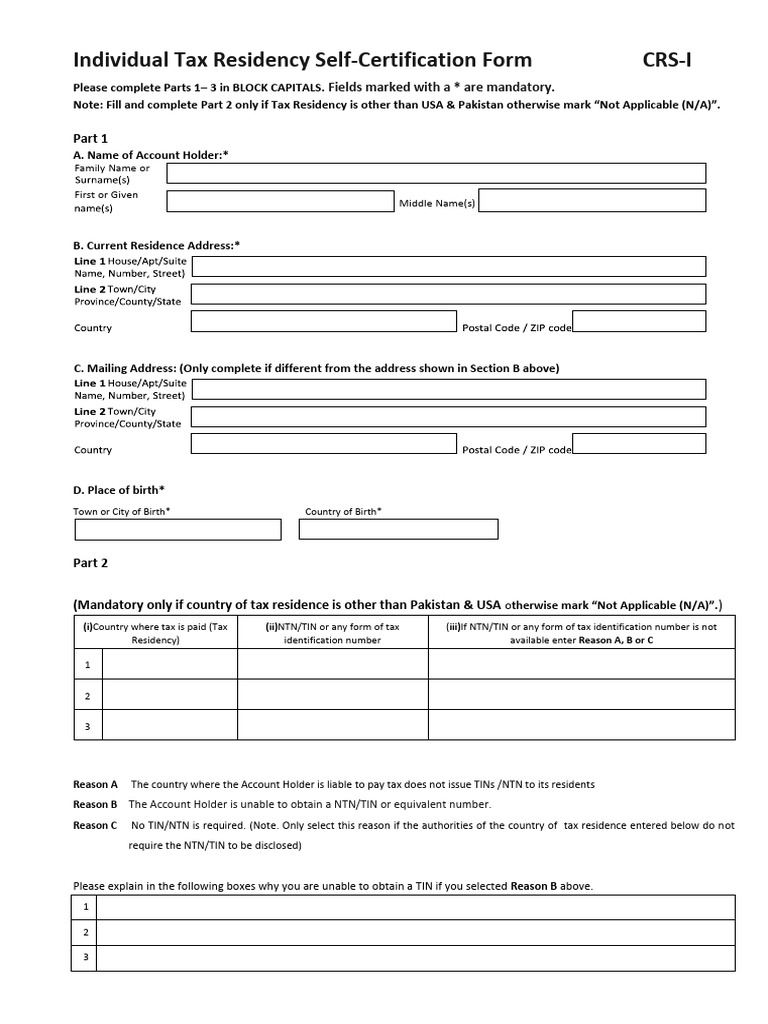 CRS I Individuals Tax Residency Self Certification Form B3 | PDF ...