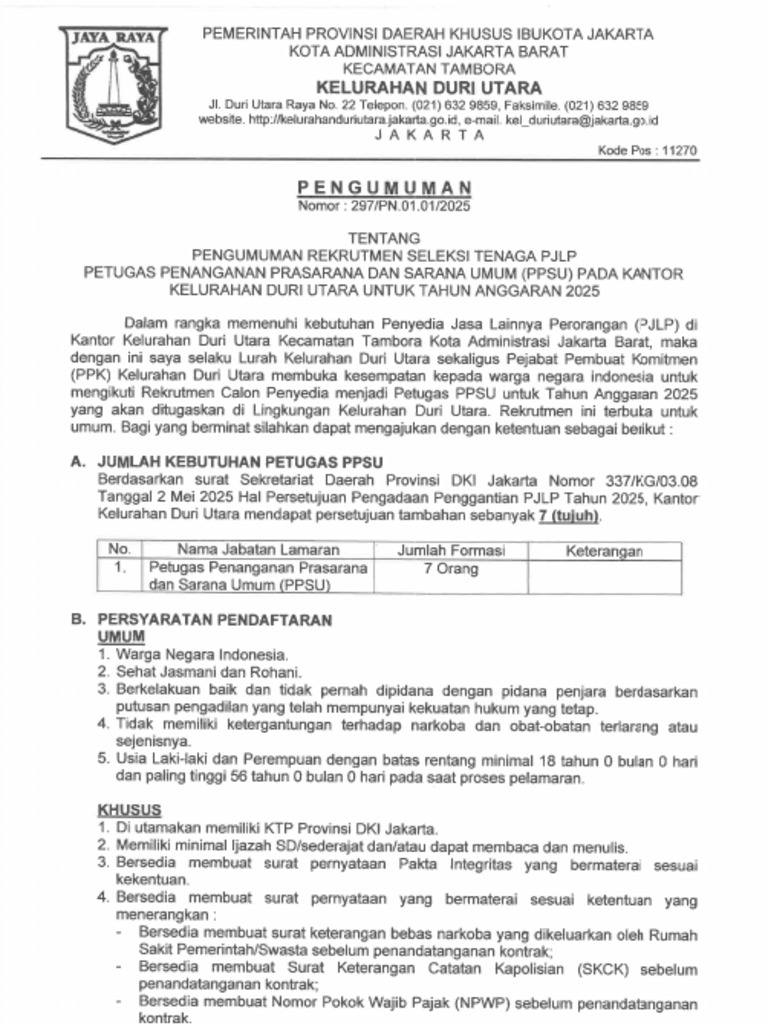 Pengumuman Rekrutmen Seleksi Tenaga PJLP Ppsu Kelurahan Duri Utara Tahun 2025 Fix Cap | PDF