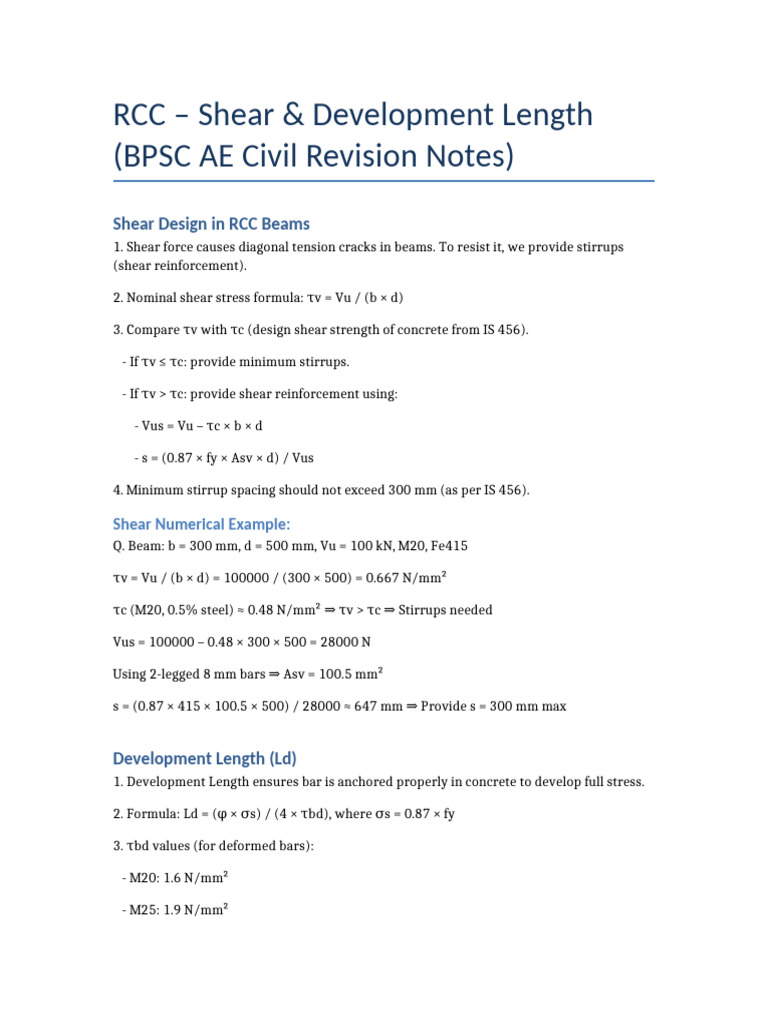 RCC Shear and Development Length Notes BPSC | PDF