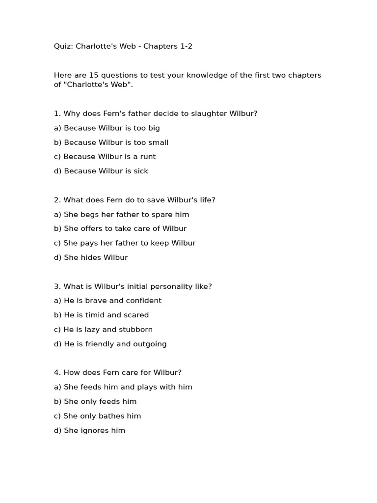 Charlotte's Web Quiz: Chapters 1-2 | PDF