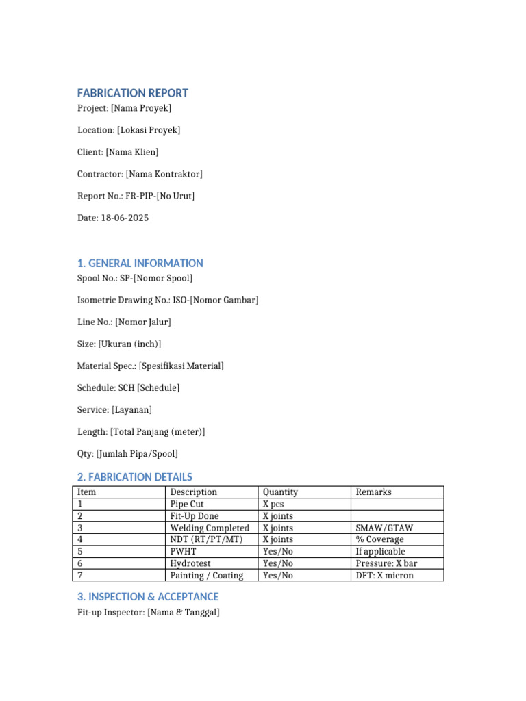 Fabrication Report Piping | PDF