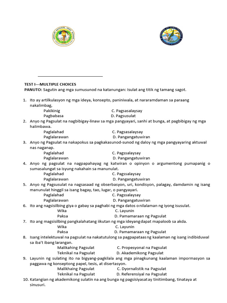 1ST Quarter Exam-Filipino | PDF