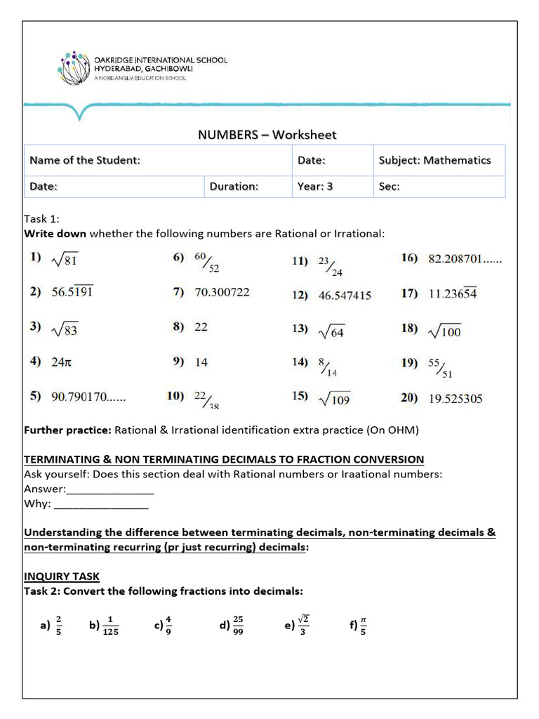 Decimals and Fractions Worksheet | PDF | Decimal | Rational Number