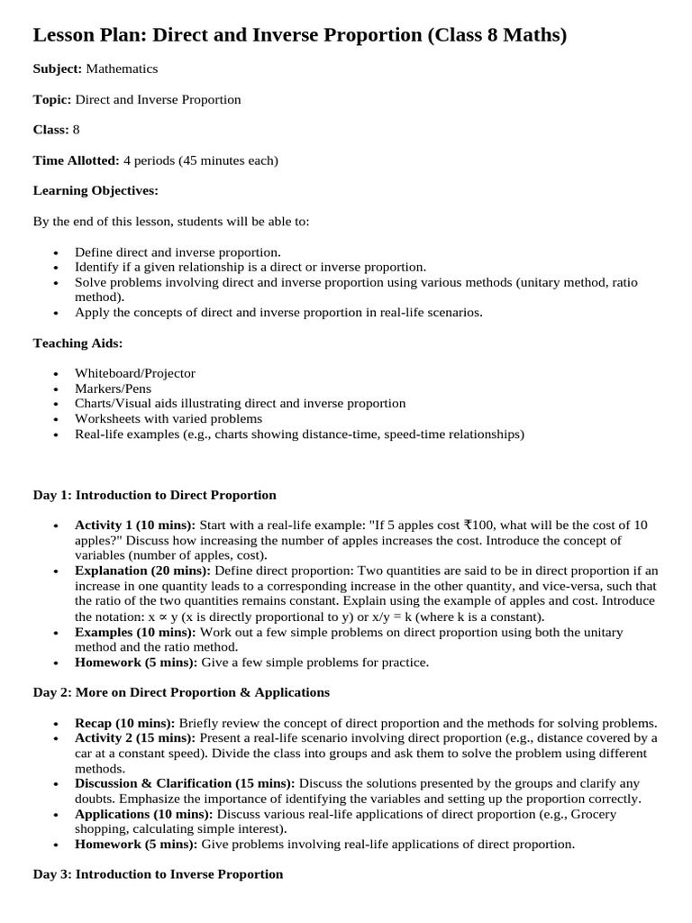 Class 8 Lesson Plan: Proportion Concepts | PDF | Mathematics