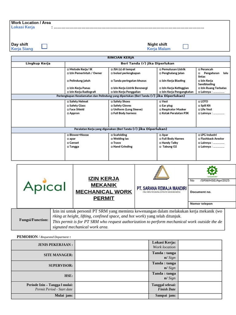 Mechanical Work Permit 2 | PDF