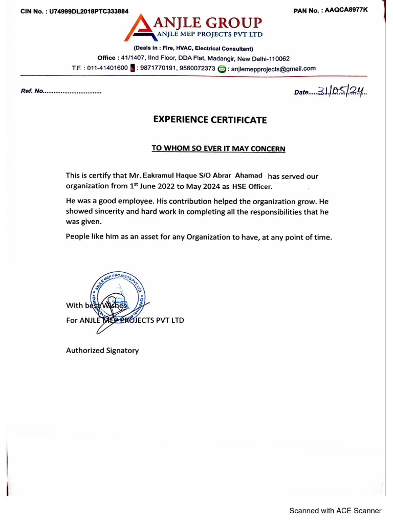 MEP Experience Certificate | PDF