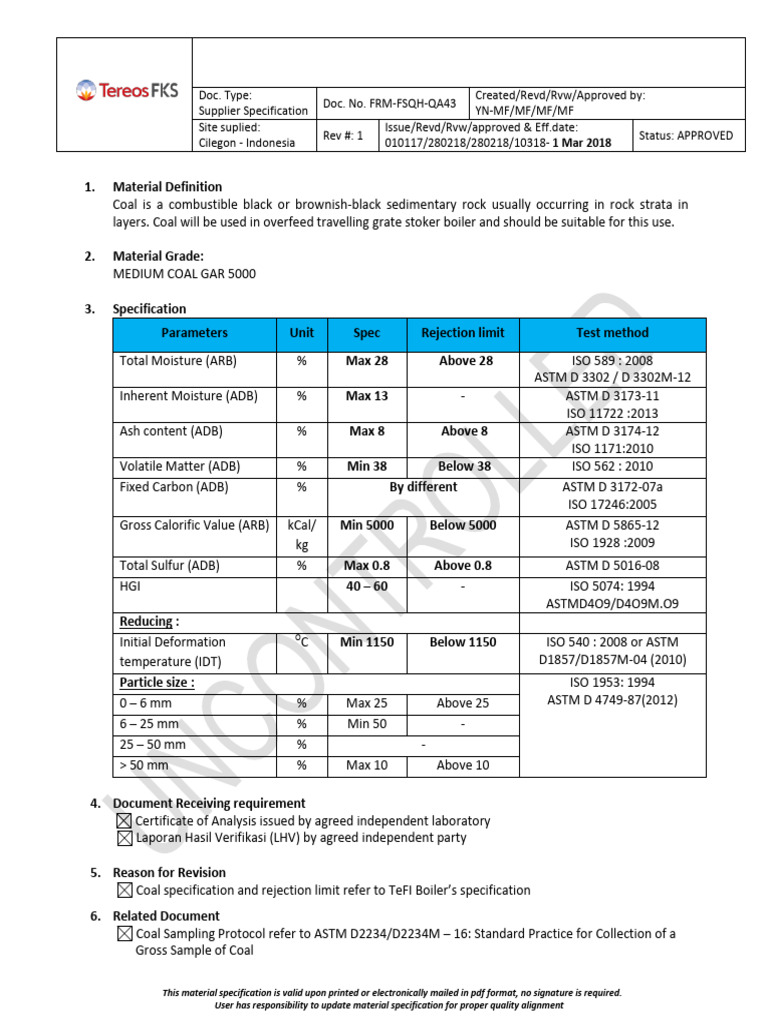 Coal Spec GAR5000 - Rev1-TeFI Approved-Effective 1 March 201 | PDF ...