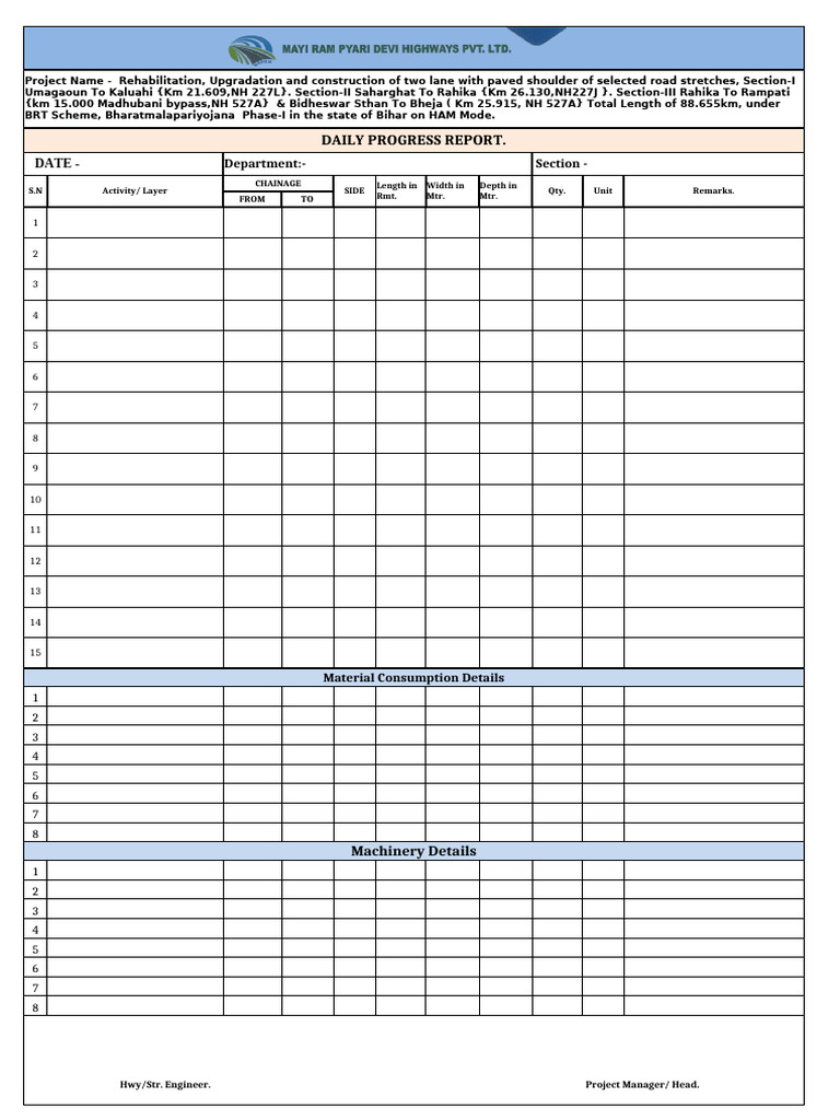 Daily Progress Report for Road Rehabilitation | PDF