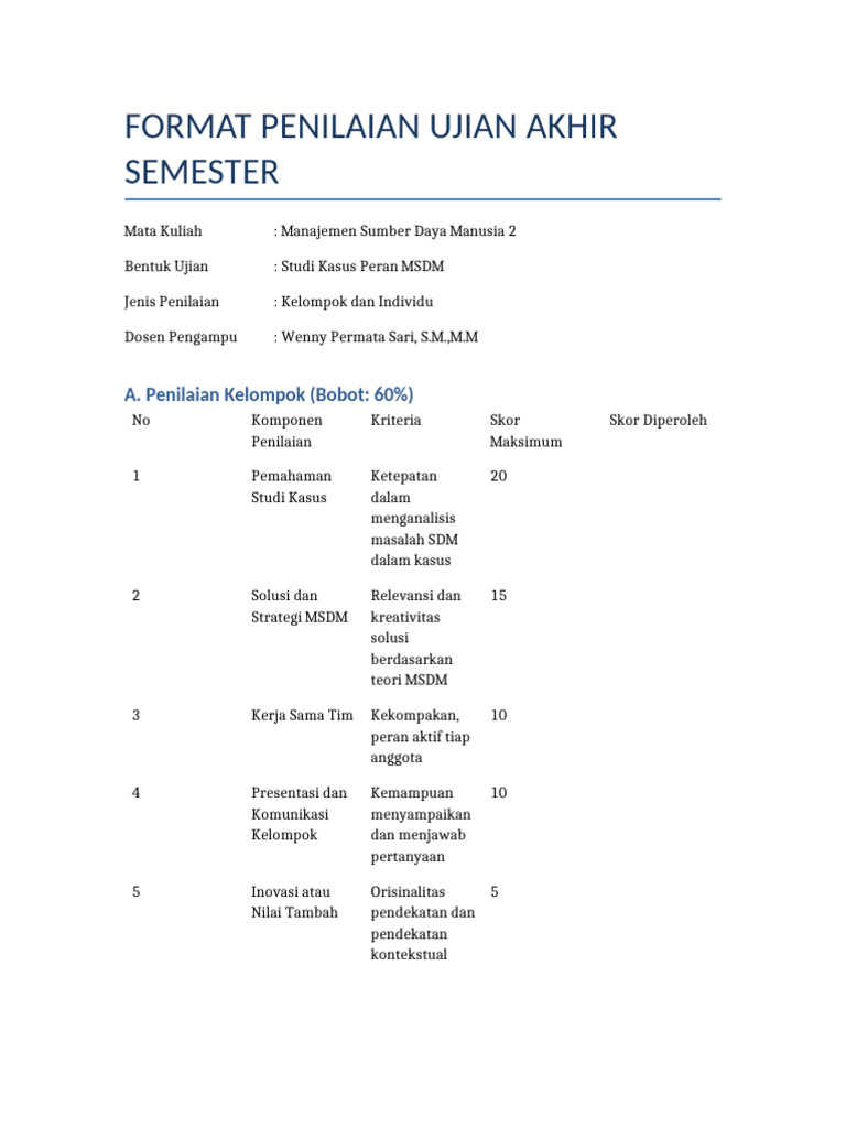 Format Penilaian UAS MSDM2 | PDF