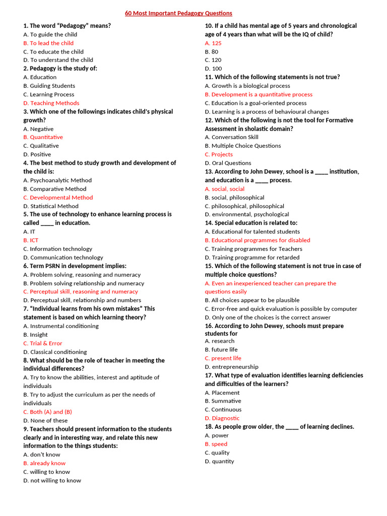 60 Most Important Pedagogy Questions | PDF | Cognition | Psychological ...