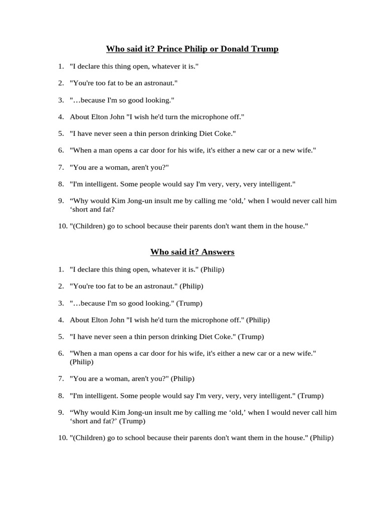 Prince Philip vs. Donald Trump Quotes Quiz | PDF
