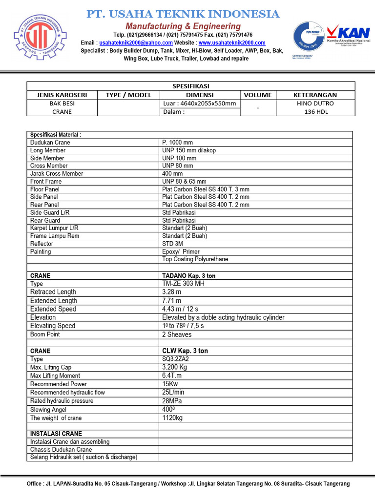 Spek Triway Crane Tadano Dan CLW 3 Ton Hino Dutro 136 HDL | PDF | Crane (Machine) | Manufactured ...