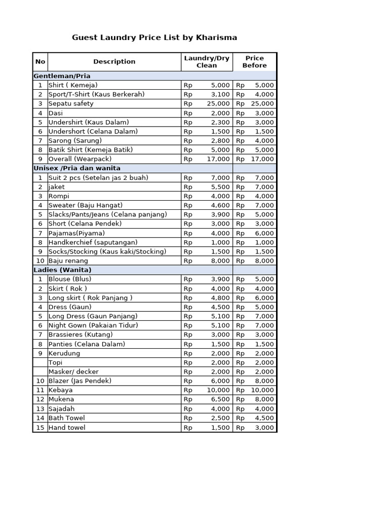 Kharisma Laundry Price List | PDF | Clothing | Fashion