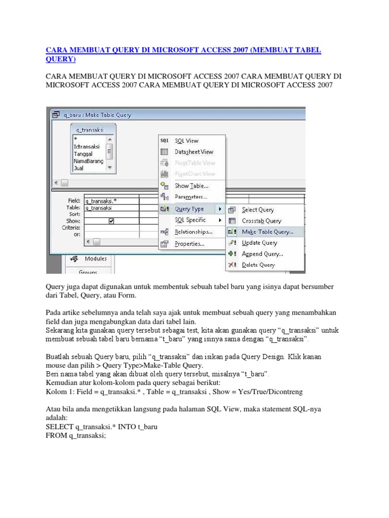 Cara Membuat Query Di Microsoft Access 2007 | PDF | Bisnis | Metode ...