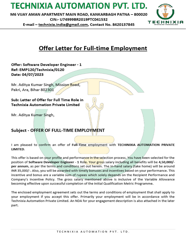 Aditya Kumar Singh Full Time Offer Letter | PDF | Breach Of Contract | Trade Secret