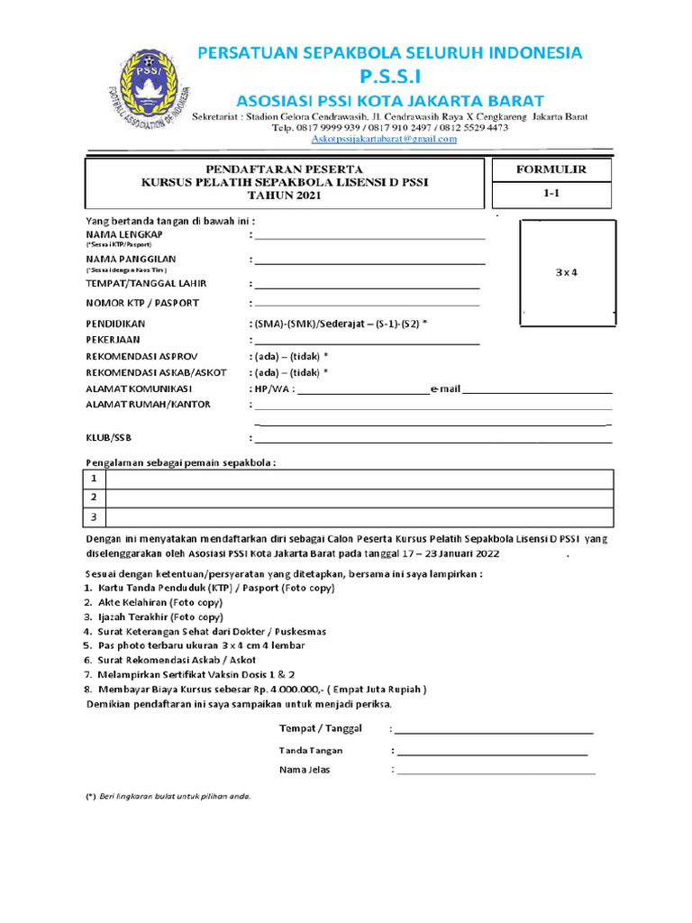 Formulir Pendaftaran Pssi | PDF