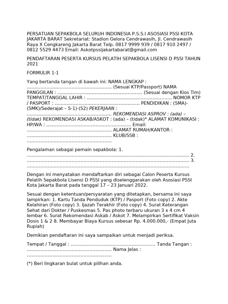 Formulir Pelatih Pssi | PDF