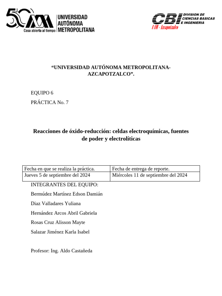 Práctica 7 - UAM | PDF | Redox | Electroquímica