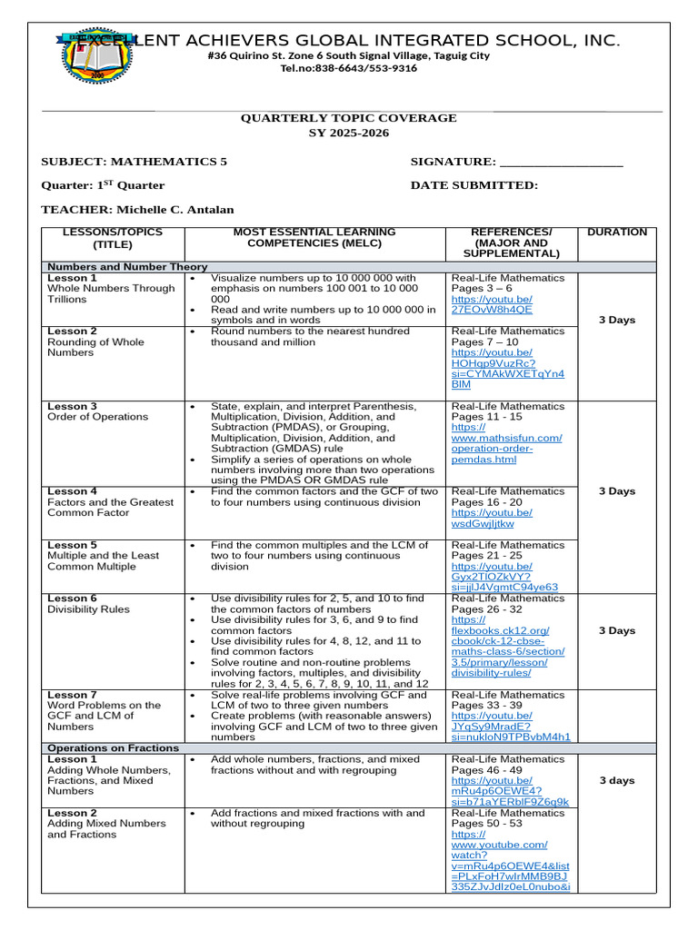 Grade 5 Mathematics Quarterly Topic Coverage | PDF | Ratio | Multiplication