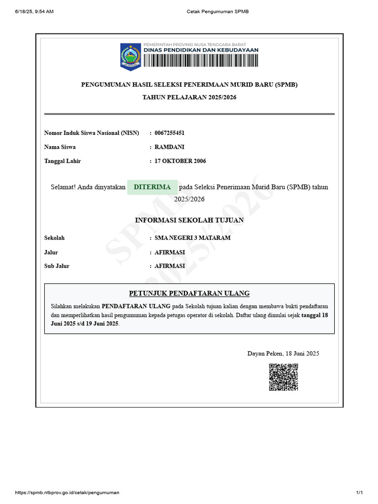 Ramdani Cetak Pengumuman SPMB | PDF