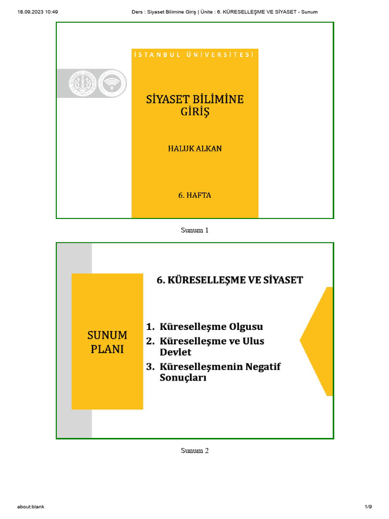 Ders - Siyaset Bilimine Giriş - Ünite - 6. KÜRESELLEŞME VE SİYASET - Sunum | PDF
