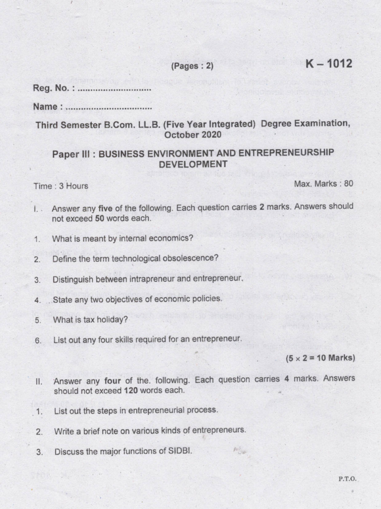 Business Envt Entre Devt BCom III Oct 2020 | PDF