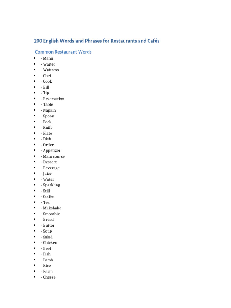 Full 200 Restaurant Cafe Words and Phrases | PDF | Tableware | Foods