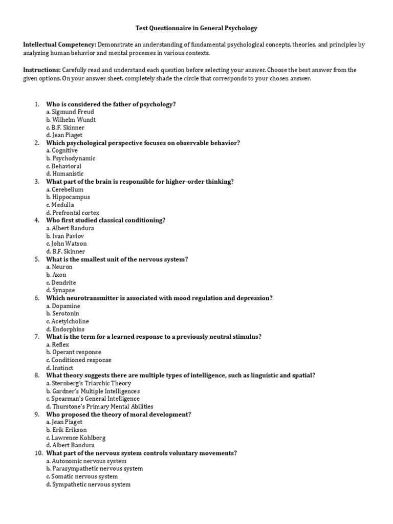 Test Questionnaire in General Psychology | PDF | Emotions | Motivation