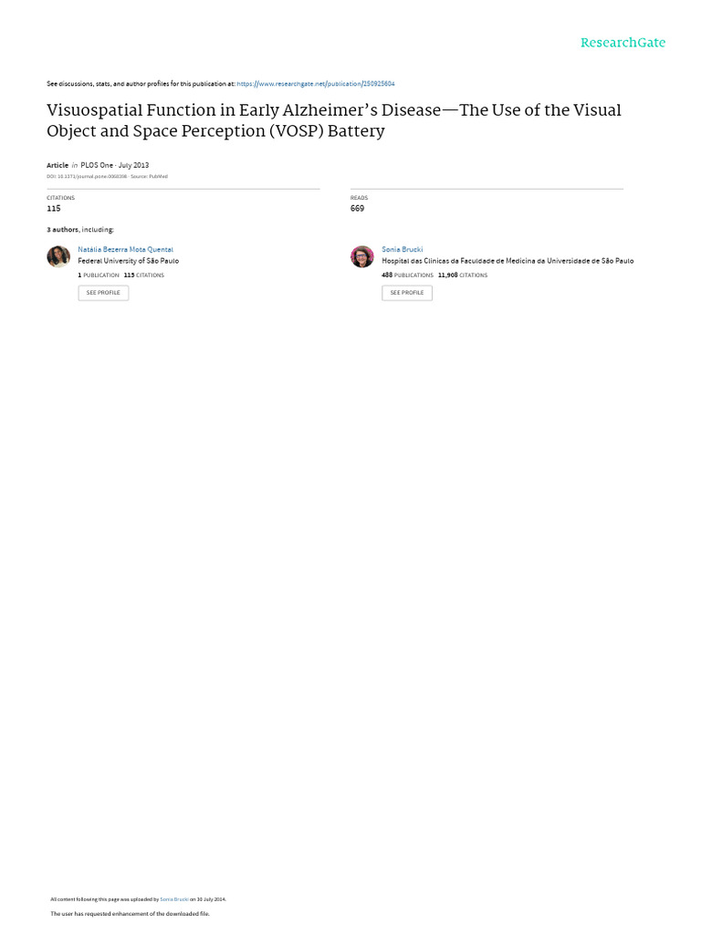 Visuospatial Function in Early Alzheimers Disease | PDF | Parietal Lobe ...