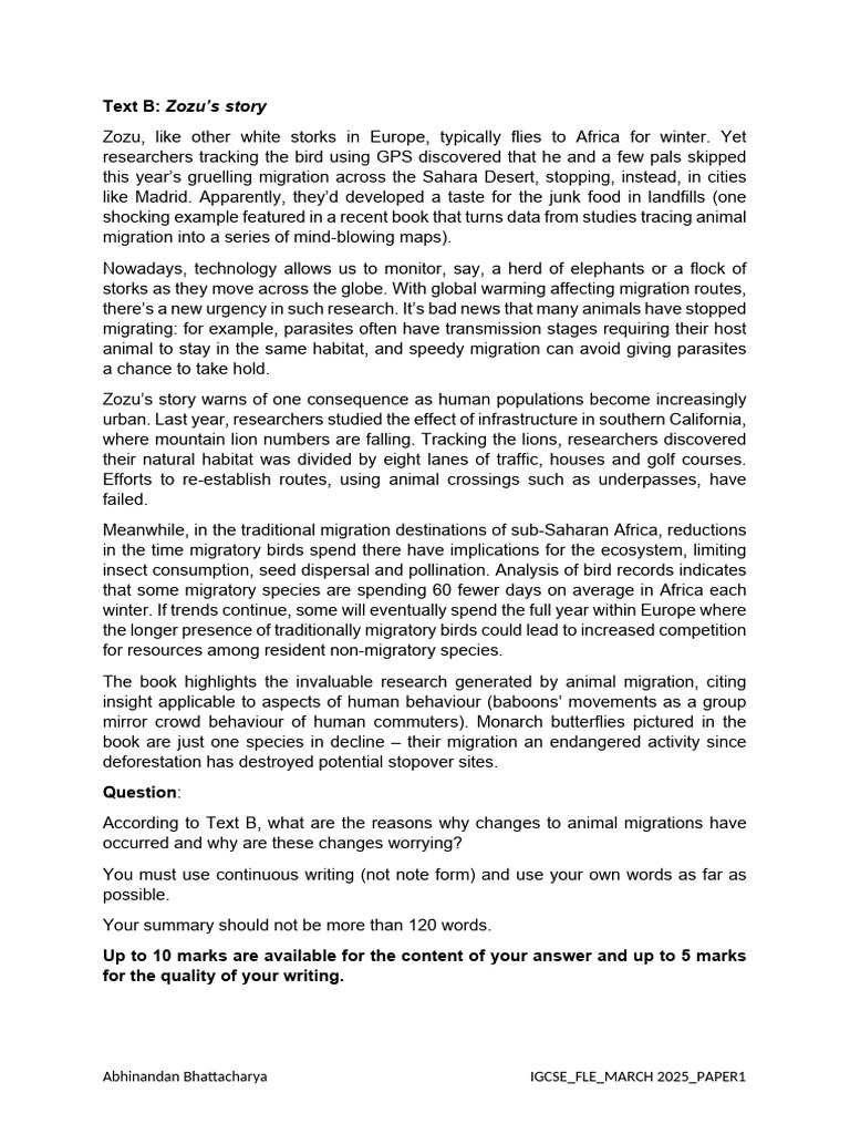 Sample Responses Igcse Fle March 2025 Paper1 101603 | PDF | Bird Migration | Climate Change