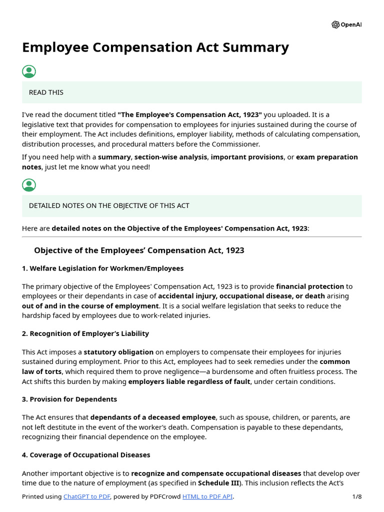 Employee Compensation Act Summary | PDF | Legal Liability | Employment