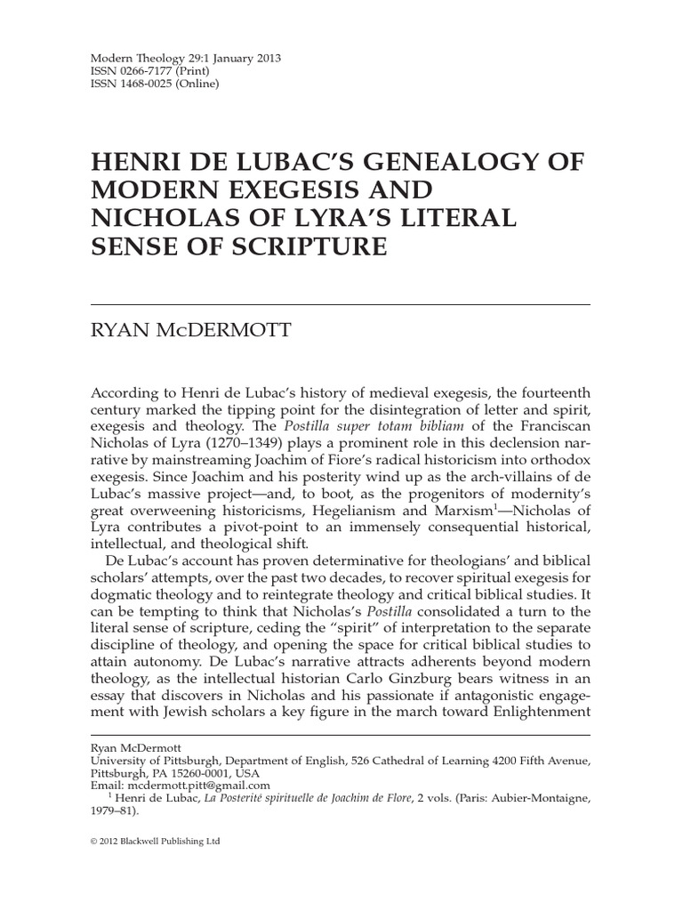 19 - Henri de Lubac's Genealogy of Modern Exegesis and Nicholas of Lyra ...