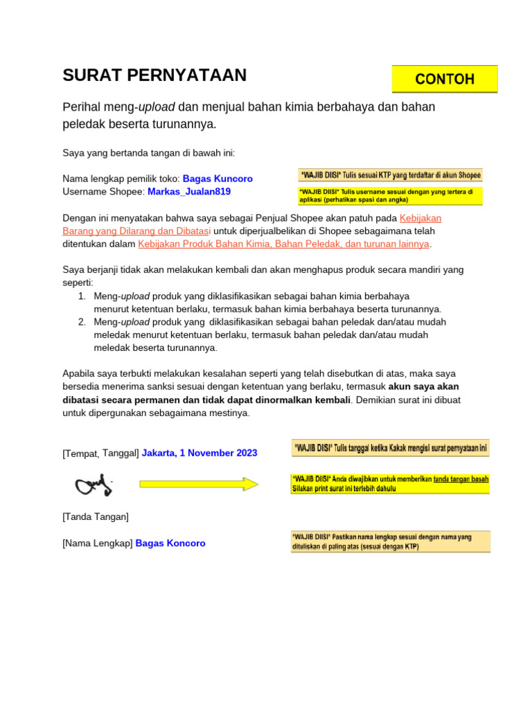 Surat Pernyataan Penjual Shopee | PDF