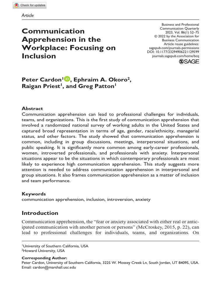 Cardon Et Al 2022 Communication Apprehension in The Workplace Focusing ...