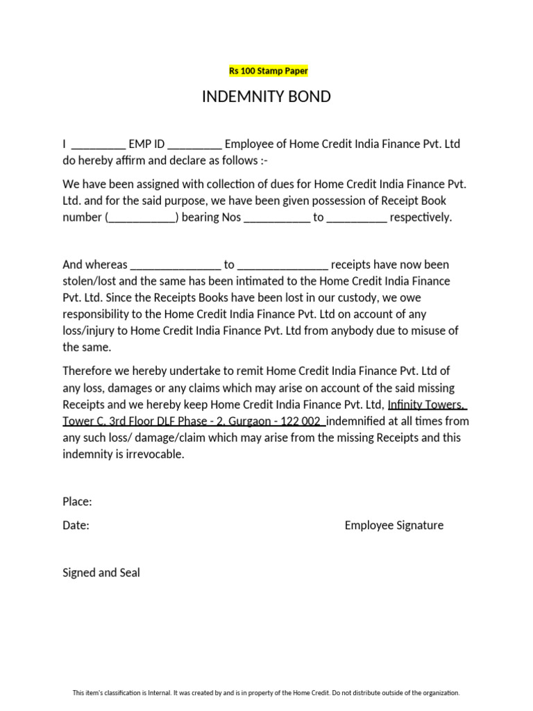 Indemnity Bond for Lost Receipts | PDF